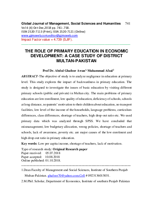 PDF THE ROLE OF PRIMARY EDUCATION IN ECONOMIC DEVELOPMENT A CASE STUDY OF DISTRICT MULTAN pdf-the-role-of-primary-education-in-economic-development-a-case-study-of-district-multan