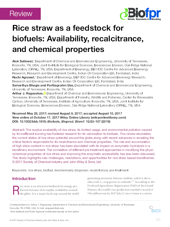 (PDF) Rice straw as a feedstock for biofuels: Availability ...