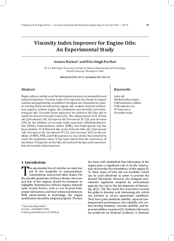 (PDF) Viscosity Index Improver for Engine Oils: An Experimental Study