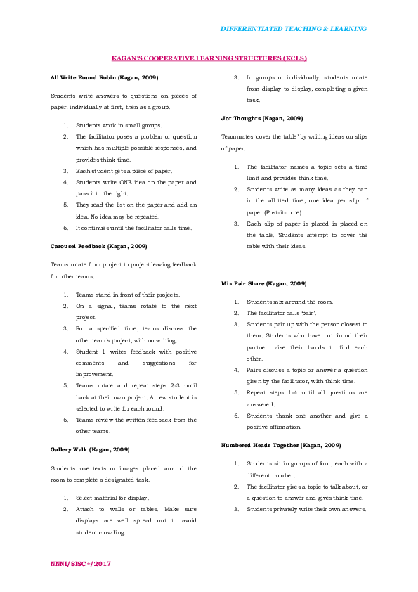 (DOC) KAGAN'S COOPERATIVE LEARNING STRUCTURES (KCLS