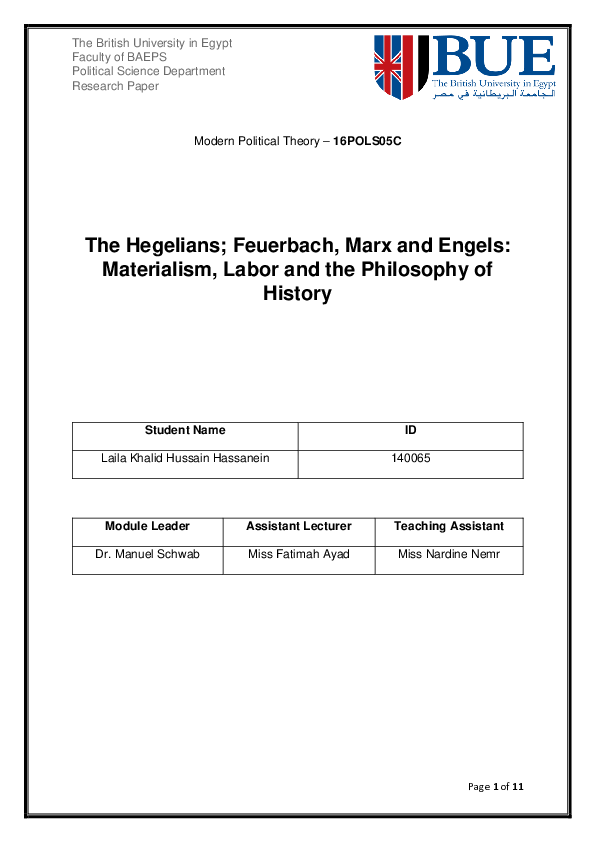 (DOC) The Young Hegelians: Feuerbach, Marx, and Engels: Materialism ...