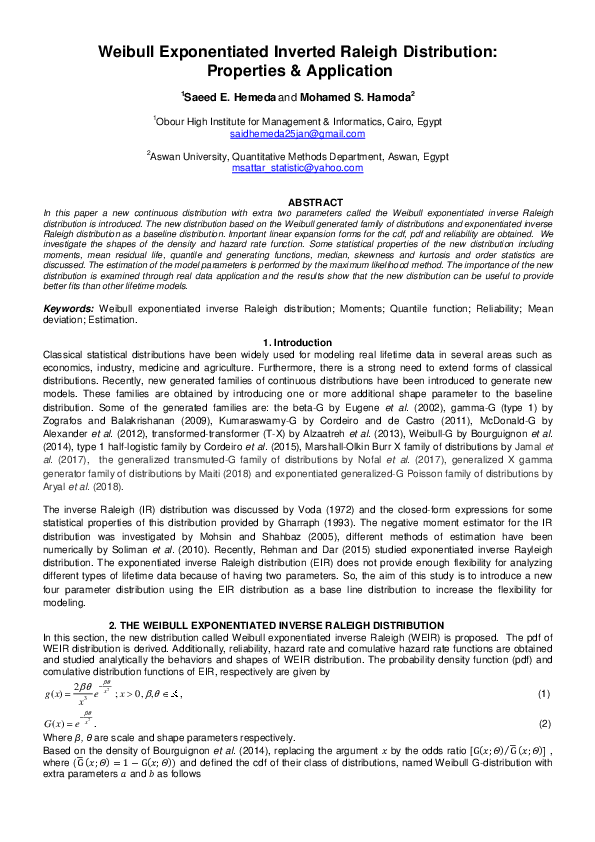 (PDF) Weibull Exponentiated Inverted Raleigh Distribution: Properties & Application