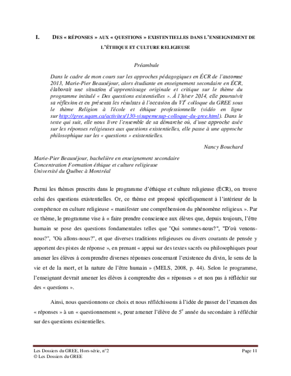 (PDF) Des « réponses » aux « questions » existentielles dans l ...