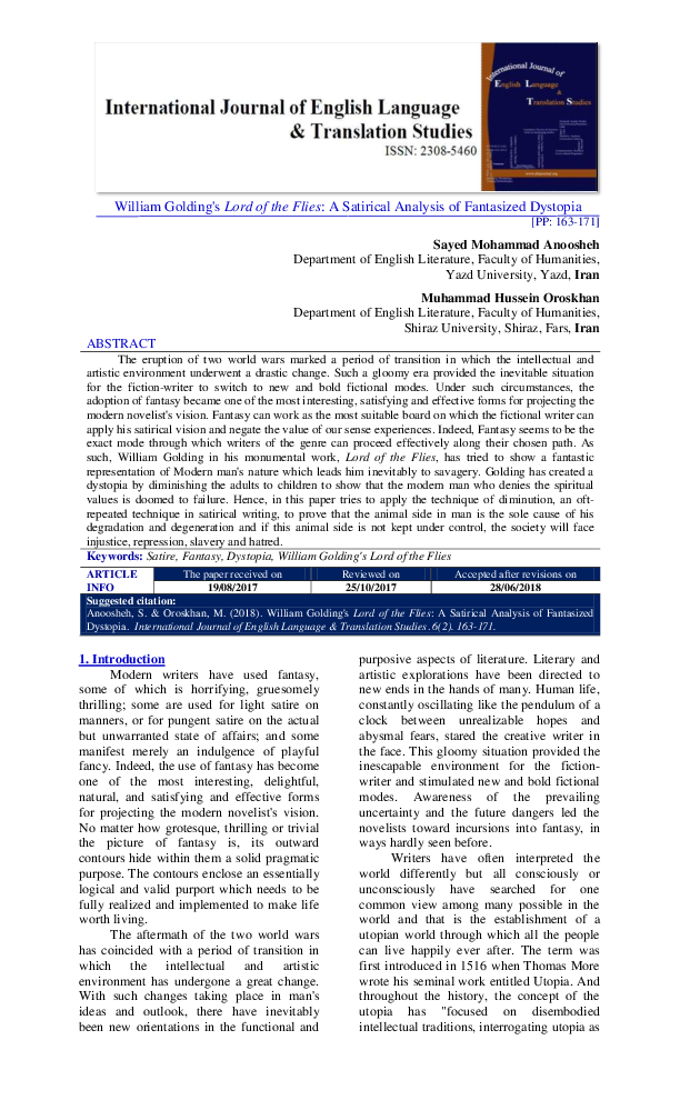 (PDF) William Golding's Lord of the Flies: A Satirical Analysis of ...