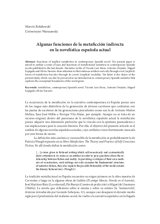 (PDF) Algunas funciones de la metaficción indirecta en la novelística ...