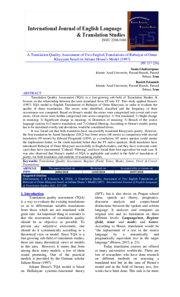 (PDF) A Translation Quality Assessment of Two English Translations of ...