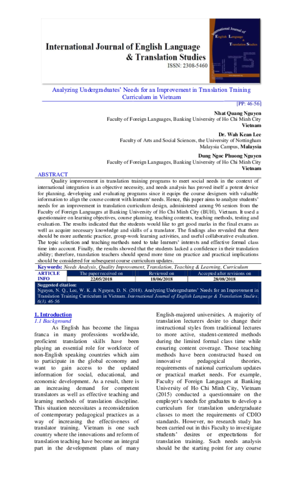 (PDF) Analyzing Undergraduates' Needs for an Improvement in Translation ...