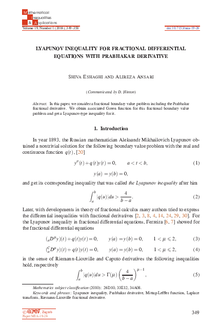 (PDF) LYAPUNOV INEQUALITY FOR FRACTIONAL DIFFERENTIAL EQUATIONS WITH ...