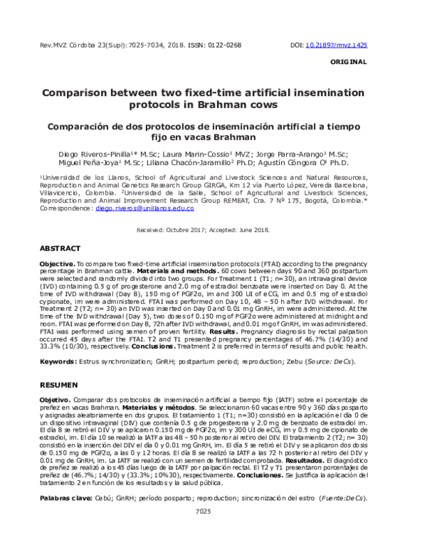(PDF) Comparison between two fixed-time artificial insemination protocols in Brahman cows