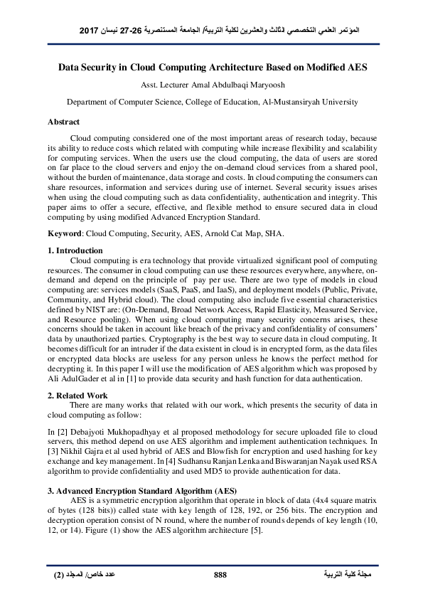 (PDF) Data Security in Cloud Computing Architecture Based on Modified AES