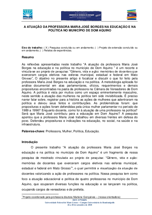 (PDF) A ATUAÇÃO DA PROFESSORA MARIA JOSÉ BORGES NA EDUCAÇÃO E NA ...