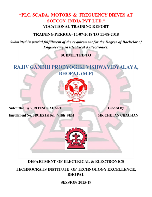 (DOC) " PLC, SCADA, MOTORS & FREQUENCY DRIVES AT SOFCON INDIA PVT LTD. " VOCATIONAL TRAINING REPORT