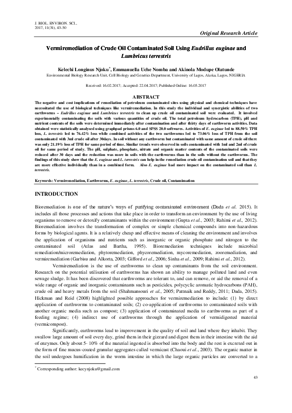 (PDF) Vermiremediation of Crude Oil Contaminated Soil Using Eudrillus ...