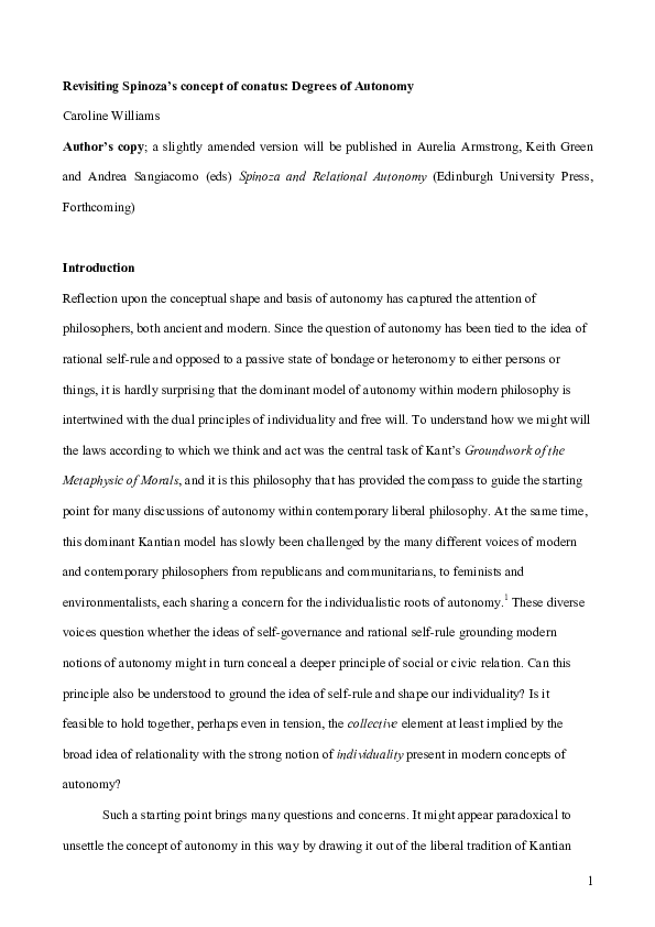 (PDF) Revisiting Spinoza's concept of conatus: Degrees of Autonomy
