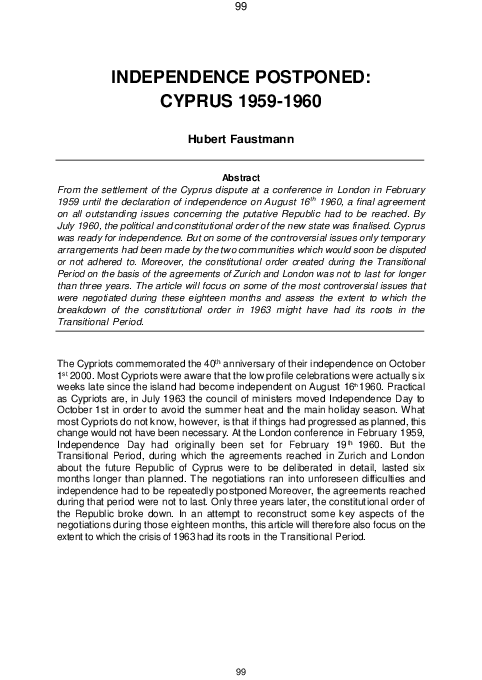 (PDF) Independence Postponed: Cyprus 1959-1960 | Hubert Faustmann ...