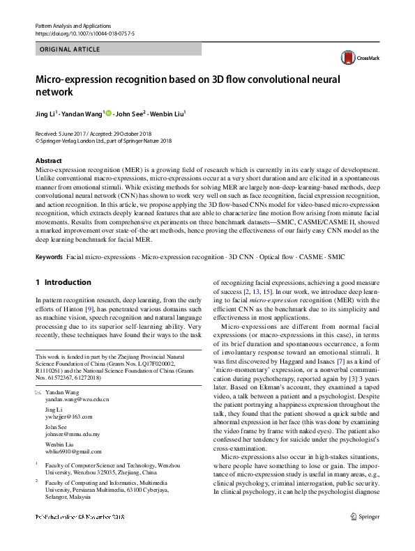 Pdf Pattern Analysis And Applications Micro‑expression Recognition 9481