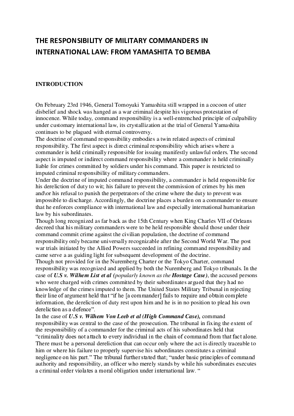 (DOC) THE RESPONSIBILITY OF MILITARY COMMANDERS IN INTERNATIONAL LAW ...