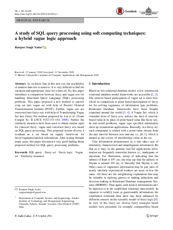 (PDF) A study of SQL query processing using soft computing techniques: a hybrid vague logic approach
