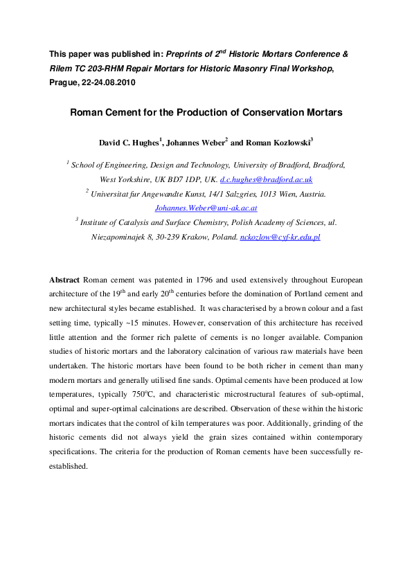 (PDF) Roman cement for the production of conservation mortars