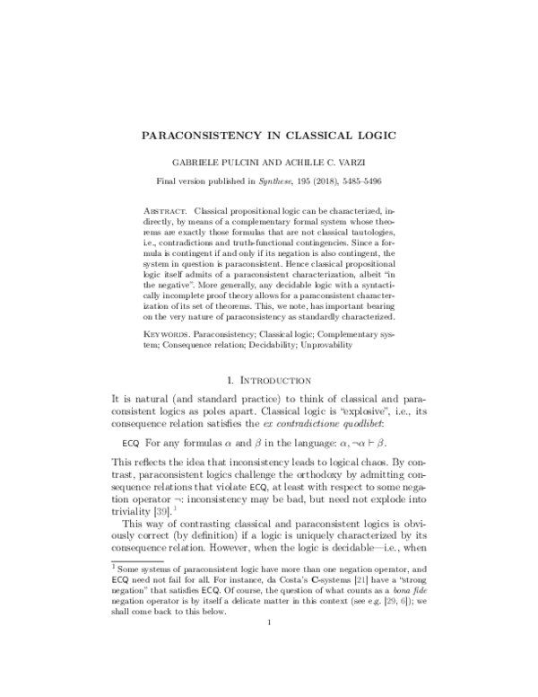 (PDF) Paraconsistency in Classical Logic
