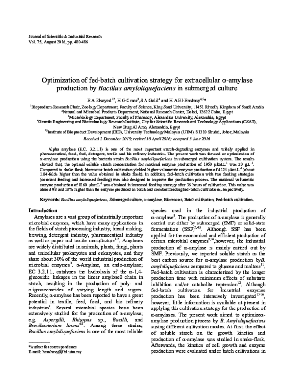 (PDF) Optimization of fed-batch cultivation strategy for extracellular -amylase production by ...