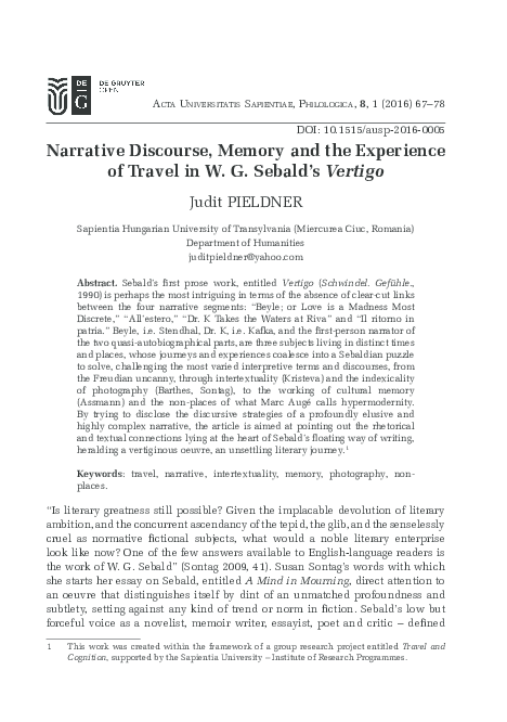 (PDF) Narrative Discourse, Memory and the Experience of Travel in W. G ...