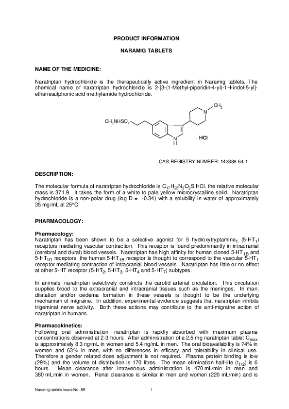 (PDF) PRODUCT INFORMATION NARAMIG TABLETS NAME OF THE MEDICINE