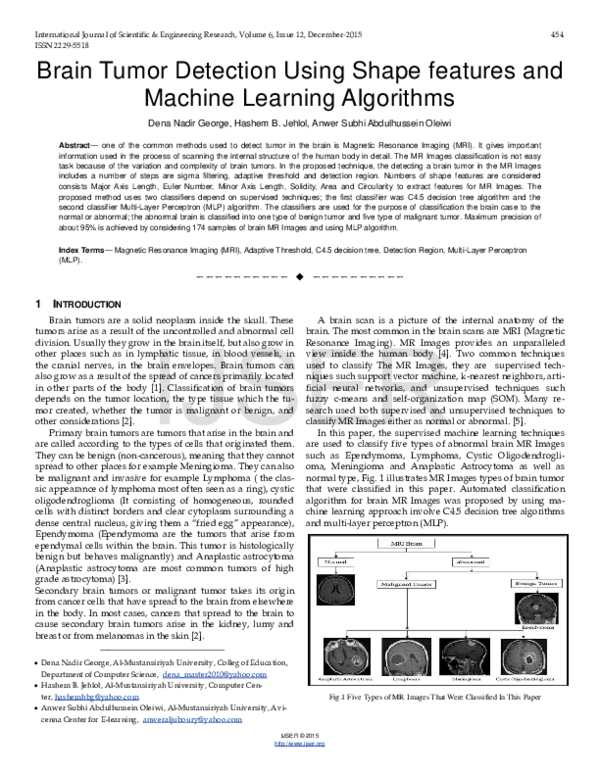 Pdf Brain Tumor Detection Using Shape Features And Machine Learning Algorithms Dena Master