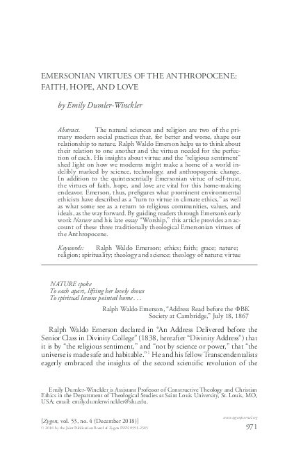 (PDF) EMERSONIAN VIRTUES OF THE ANTHROPOCENE: FAITH, HOPE, AND LOVE