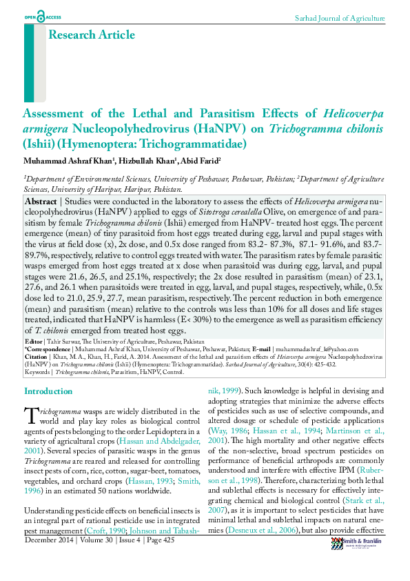 (PDF) Assessment of the Lethal and Parasitism Effects of Helicoverpa ...