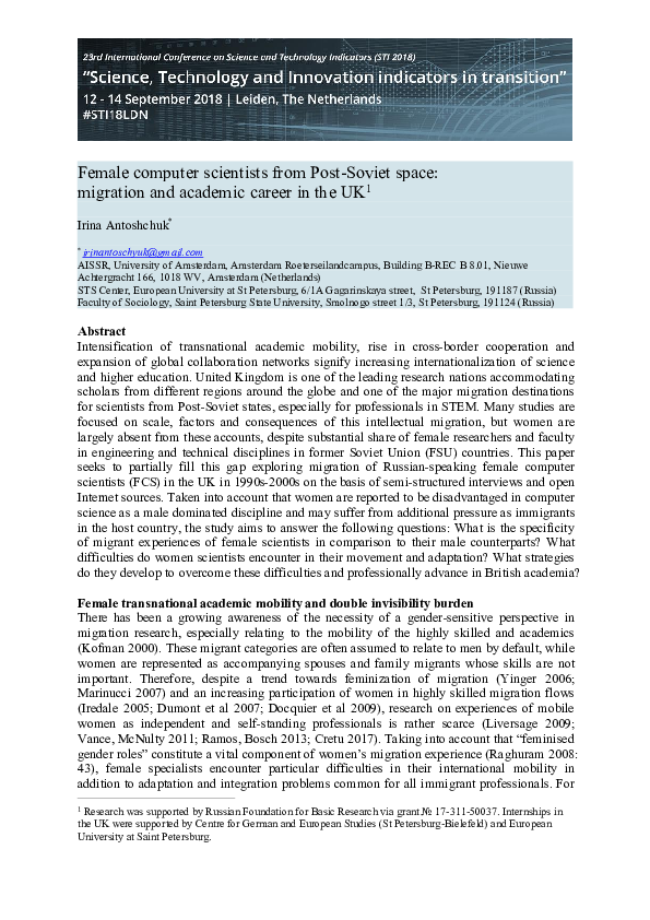 (PDF) Female computer scientists from Post-Soviet space: migration and ...