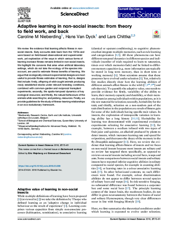 (PDF) Adaptive learning in non-social insects: from theory to field ...
