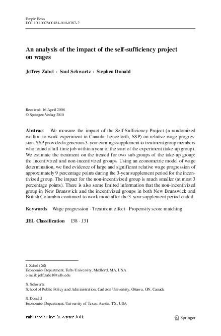 (PDF) An analysis of the impact of the self-sufficiency project on wages