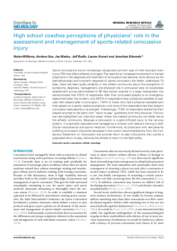 (PDF) High School Coaches Perceptions of Physicians’ Role in the Assessment and Management of ...