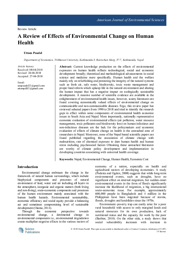 (PDF) A Review of Effects of Environmental Change on Human Health