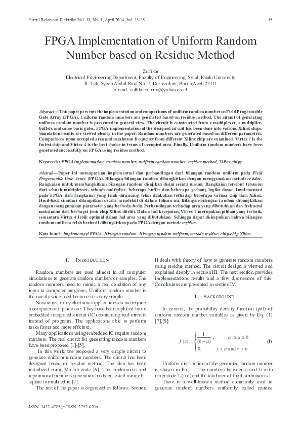 Pdf Fpga Residue Method For Uniform Random Number Generation