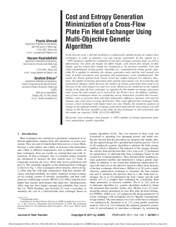 (PDF) Cost and Entropy Generation Minimization of a Cross-Flow Plate Fin Heat Exchanger Using ...