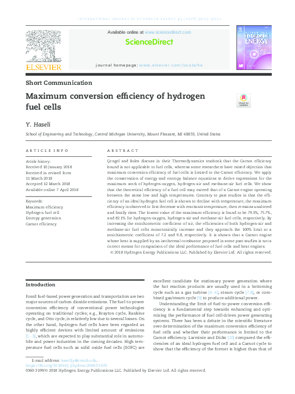 (PDF) Maximum conversion efficiency of hydrogen fuel cells