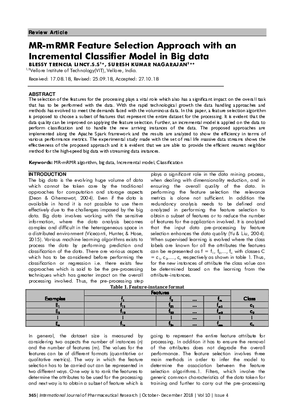 Pdf Mr Mrmr Feature Selection Approach With An Incremental Classifier Model In Big Data