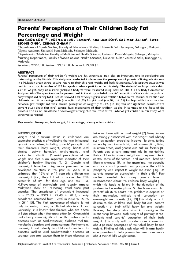 (PDF) Parents' Perceptions of Their Children Body Fat Percentage and ...