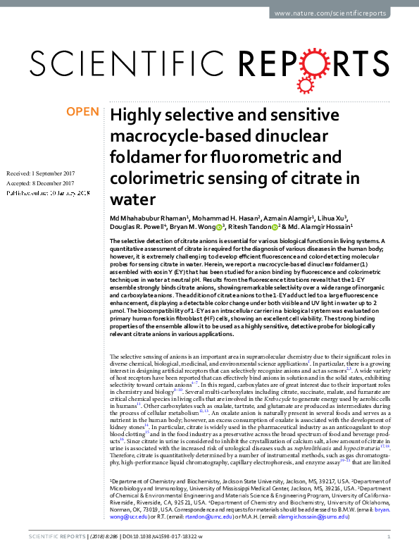 (PDF) Highly Selective and Sensitive Macrocycle-Based Dinuclear Foldamer for Fluorometric and ...
