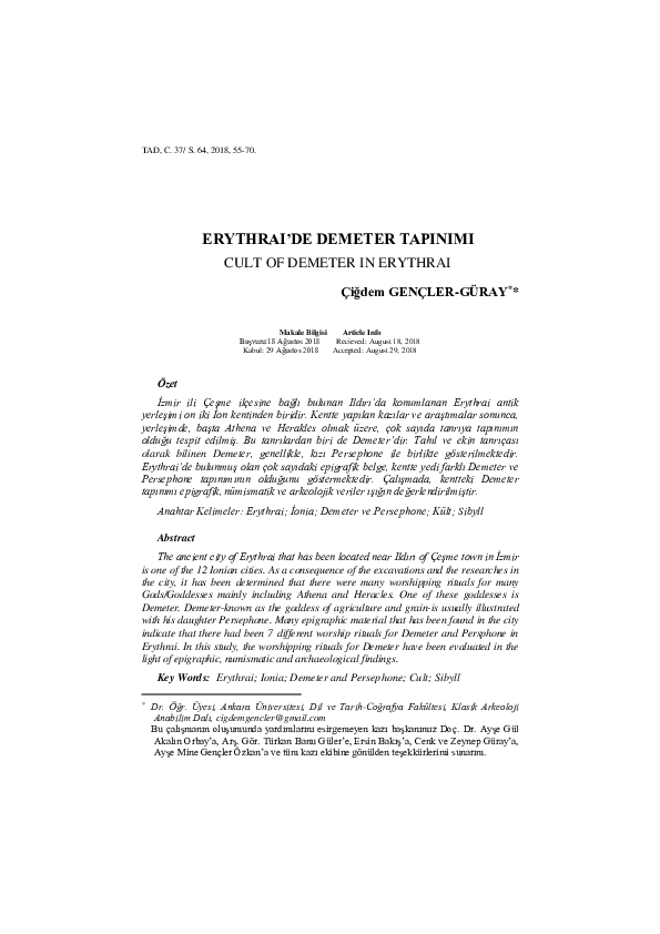 (PDF) CULT OF DEMETER IN ERYTHRAI