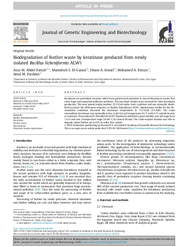 (PDF) Biodegradation of Feather Waste by Keratinase Produced from Newly ...