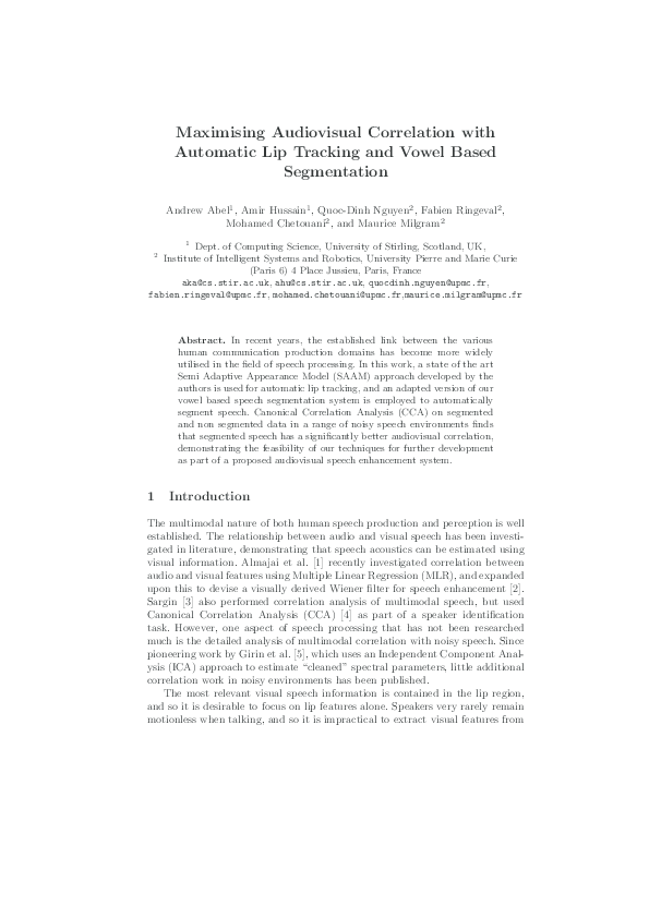 Pdf Maximising Audiovisual Correlation With Automatic Lip Tracking And Vowel Based Segmentation