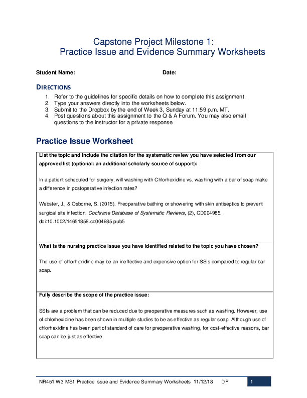 (DOC) Capstone Project Milestone 1: Practice Issue and Evidence Summary Worksheets