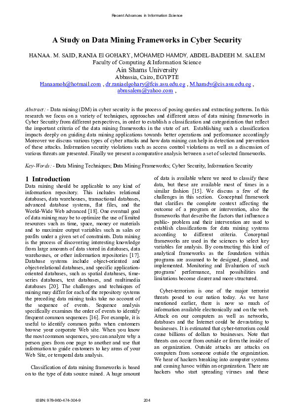 (PDF) A Study on Data Mining Frameworks in Cyber Security
