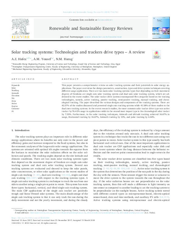 (PDF) Solar tracking systems: Technologies and trackers drive types – A ...