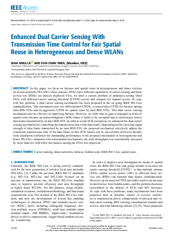 (PDF) Enhanced Dual Carrier Sensing With Transmission Time Control for Fair Spatial Reuse in ...