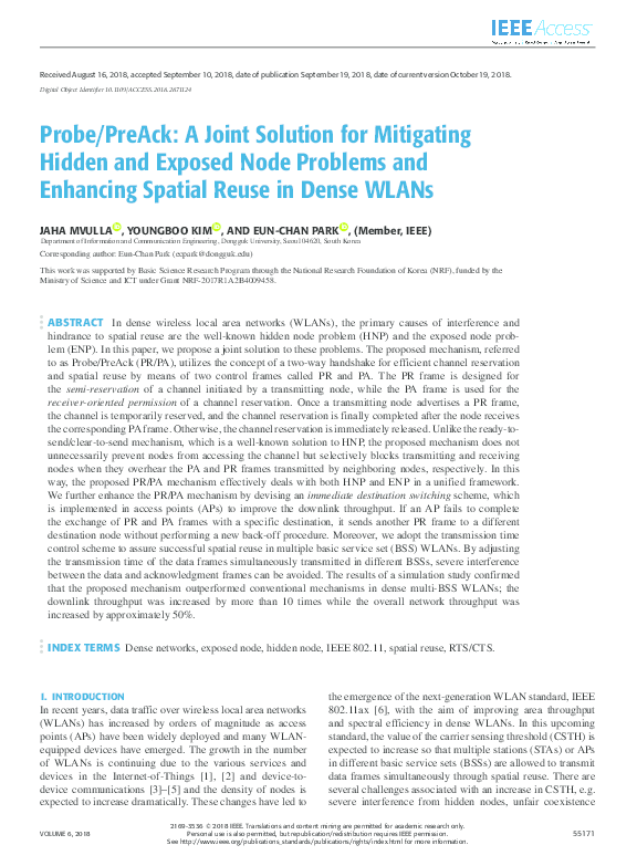 (PDF) Probe/PreAck: A Joint Solution for Mitigating Hidden and Exposed Node Problems and ...