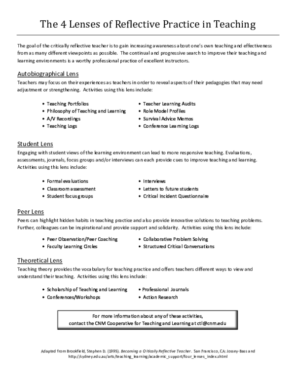 (PDF) The 4 Lenses of Reflective Practice in Teaching